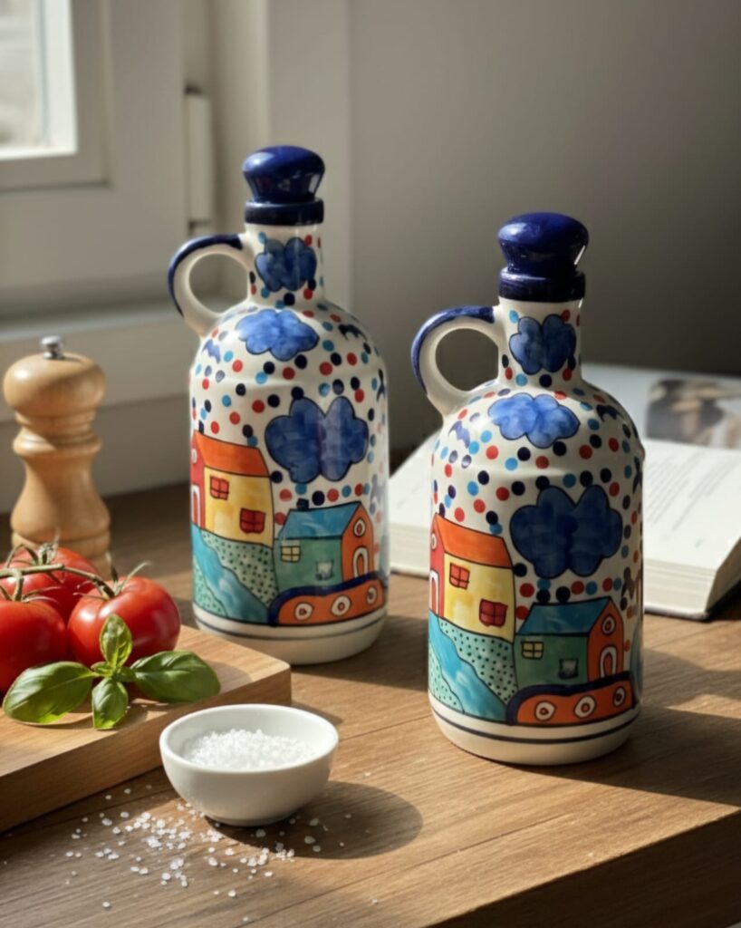 Elegant Ceramic Oil Dispenser- Hut Painting 1000 ML - CeramicAdda